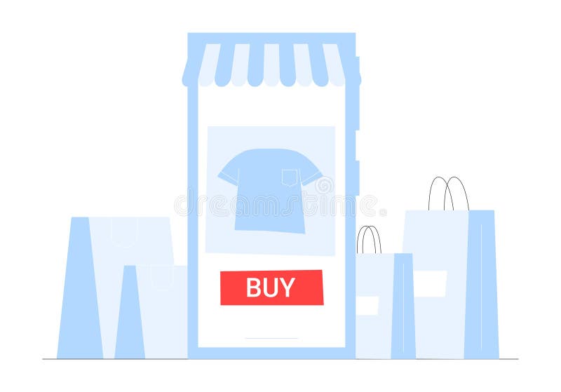 Mobile Shopping Storefront with Buy Button and Shopping Bags in Flat Vector Illustration ...