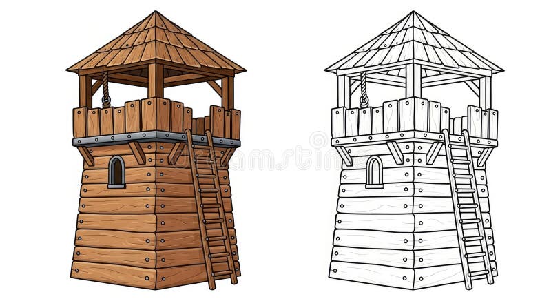 Mobile Siege Tower Coloring Page with Colored and Outline Renderings ...