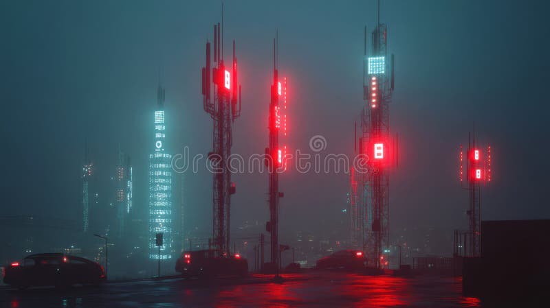 Mobile Signal Towers with Futuristic Holographic Visuals Symbolizing ...