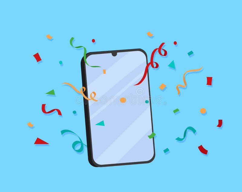 Mobile Smart Phone with Celebratory Confetti Flying Around. Winner ...