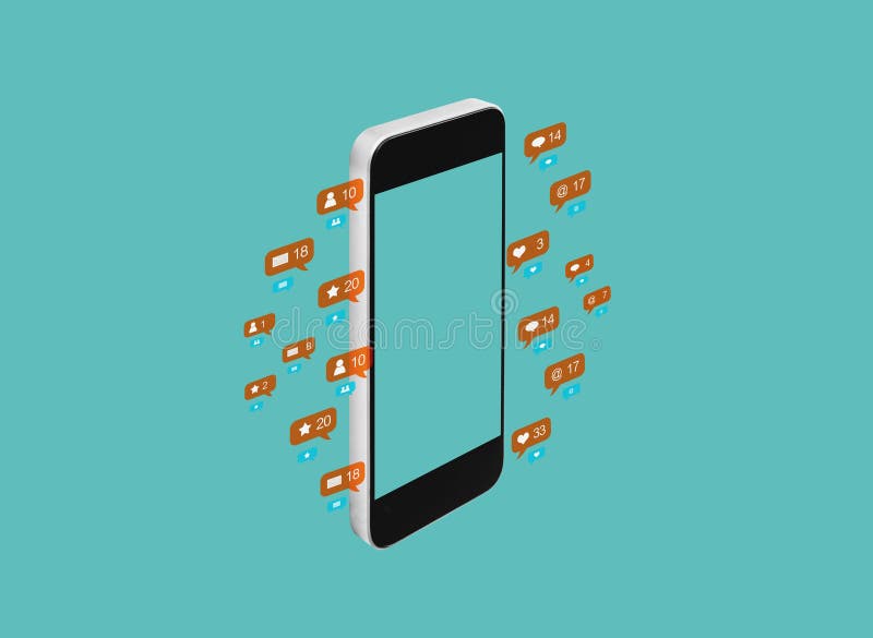 Mobile Smart Phone, Social Media Notification Icons Stock Illustration ...