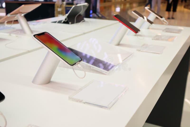 Mobile Smartphone Showcase in Store Stock Image - Image of light ...
