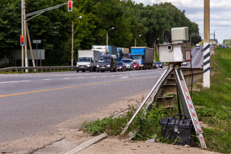 Mobile Speed Camera Device on Tripod Working on Summer Daytime Road ...