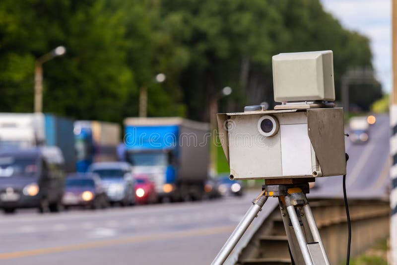 Mobile Speed Camera Device on Tripod Working on Summer Daytime Road ...