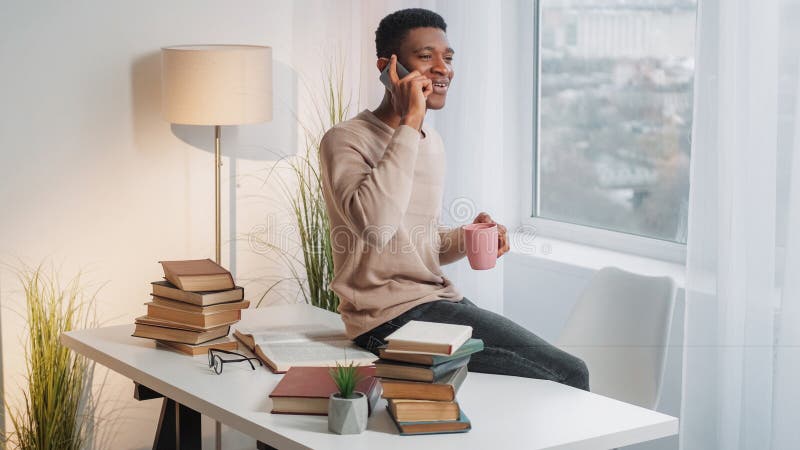 Mobile Talk Learning Break Man Phone Cup Home Stock Photo - Image of ...