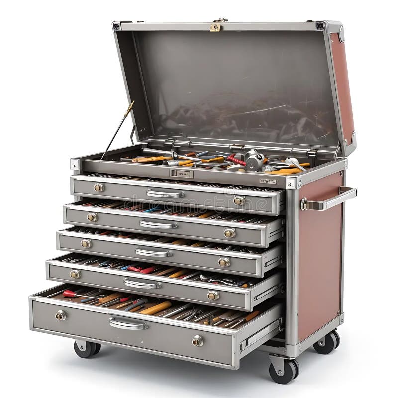 Mobile Tool Chest with Multiple Drawers Filled with Various Hand Tools ...