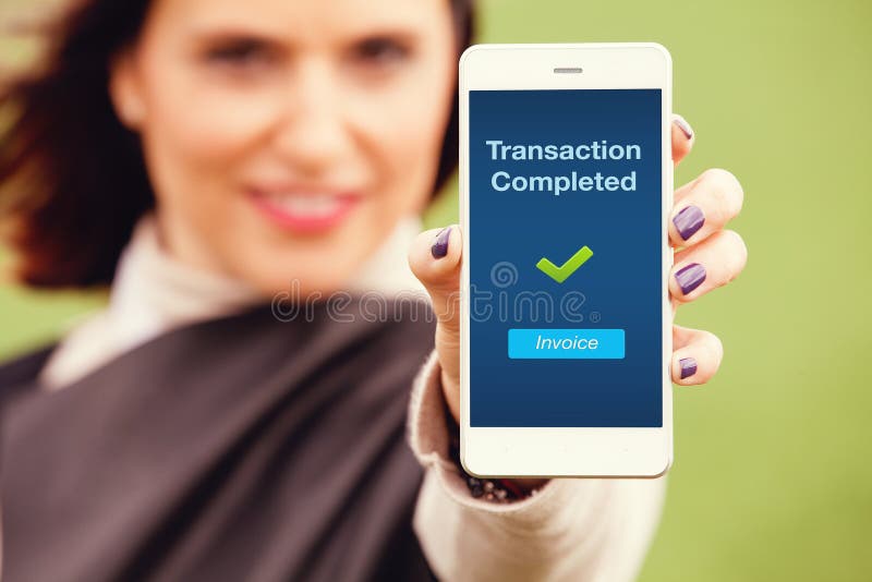 Transaction Completed Message on a Laptop Screen. Woman Typing on the ...