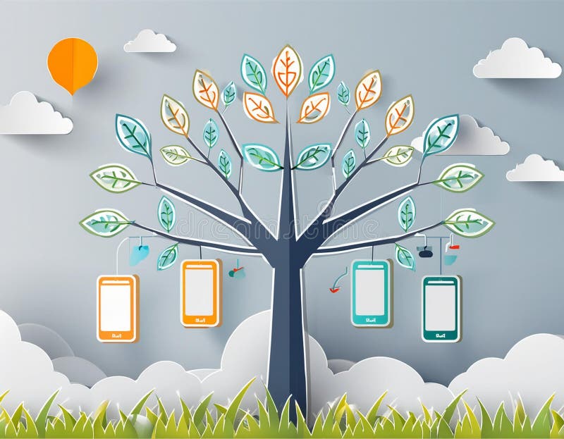 Mobile Tree with a Digital Paper Craft Style Stock Illustration - Illustration of people, tree ...