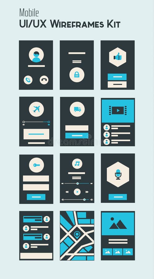 Mobile UI and UX Wireframes Kit Stock Vector - Illustration of icons ...