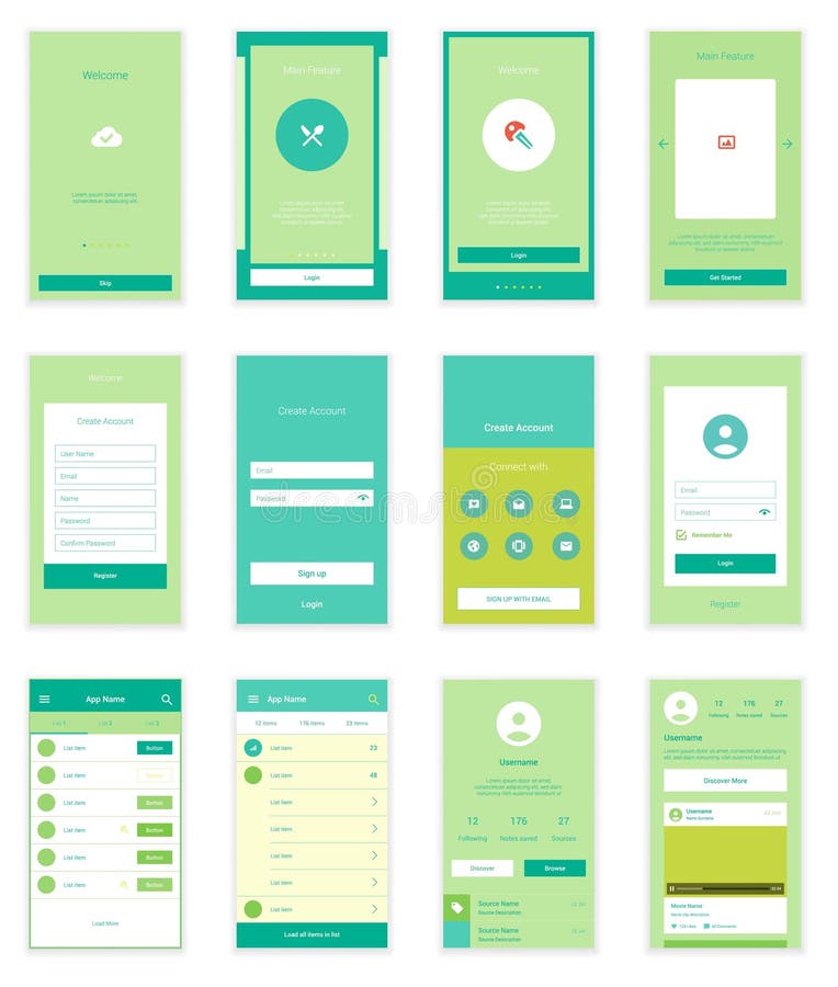 Mobile User Interface 35 Screens Wirefrme Kit for Stock Vector ...