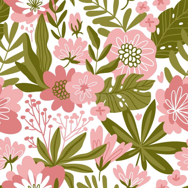 Vector Seamless Pattern with Pink Hand-drawn Flowers on White ...