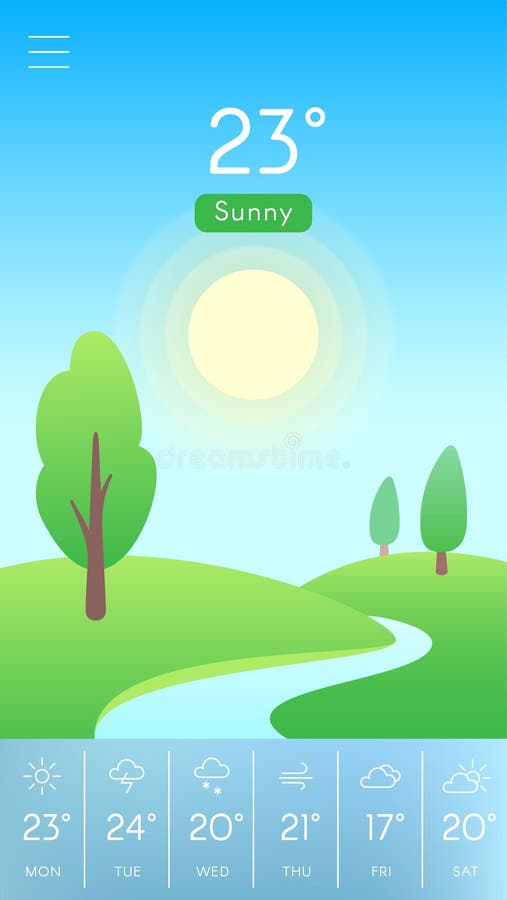 Mobile Weather Application Displaying a Sunny Landscape with 23 Degrees ...