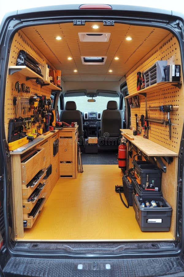 Mobile Workshop Inside Van with Organized Tools, Shelves, and Lighting ...