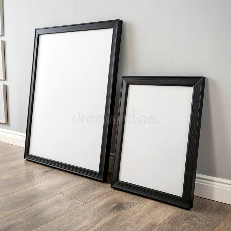 Mock Up Blank Black Horizontal Picture Frame on the Wall and Floor with ...