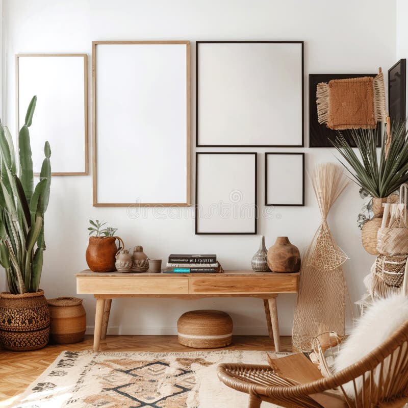 Mock Up Blank Frame on White Wall. Boho Interior Design of Modern ...