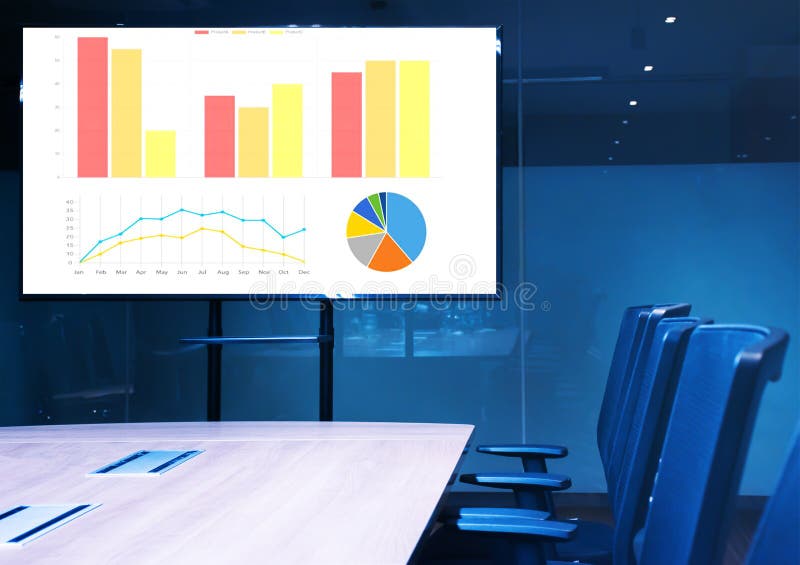 Mock Up Chart Slide Show Presentation on Display Television in Meeting ...