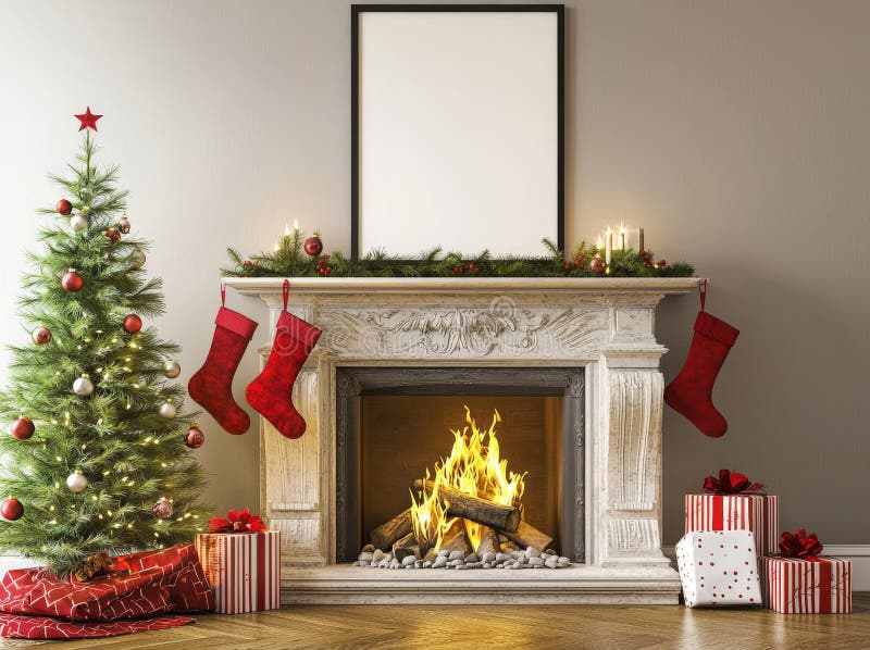 Mock Up of Christmas Poster, Fireplace, Candles, Balls, Tree, and 3D ...