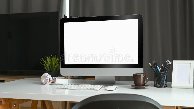 Computer with Blank Screen on White Desk in Home Office. Stock Photo ...