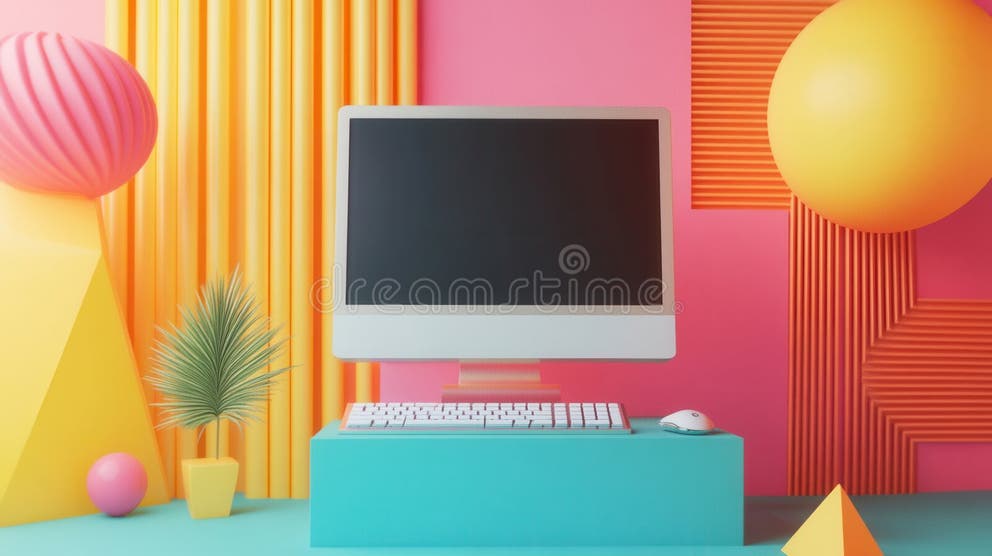 Mock-up with a Computer and Geometric Shapes, Presented in 3D Stock ...