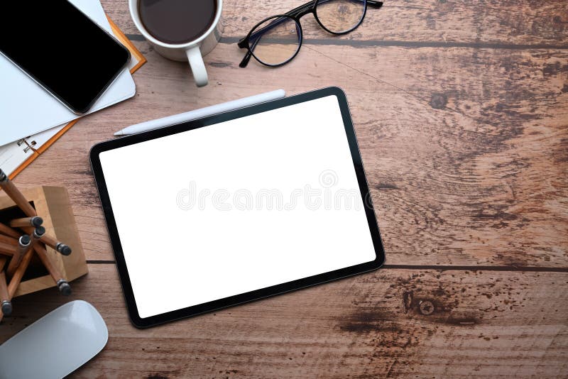 Tablet on Wood Desk on Top View Stock Photo - Image of paper, monitor ...
