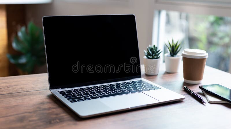 Mock Up Empty Screen Computer on Wood Desk in Home Stock Photo - Image ...