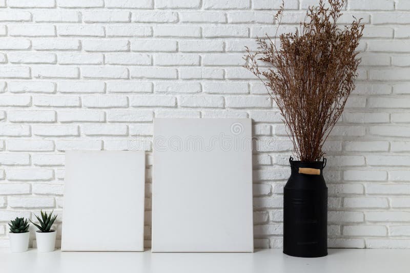 Mock Up Empty White Canvas Frame on Table Stock Image - Image of white ...