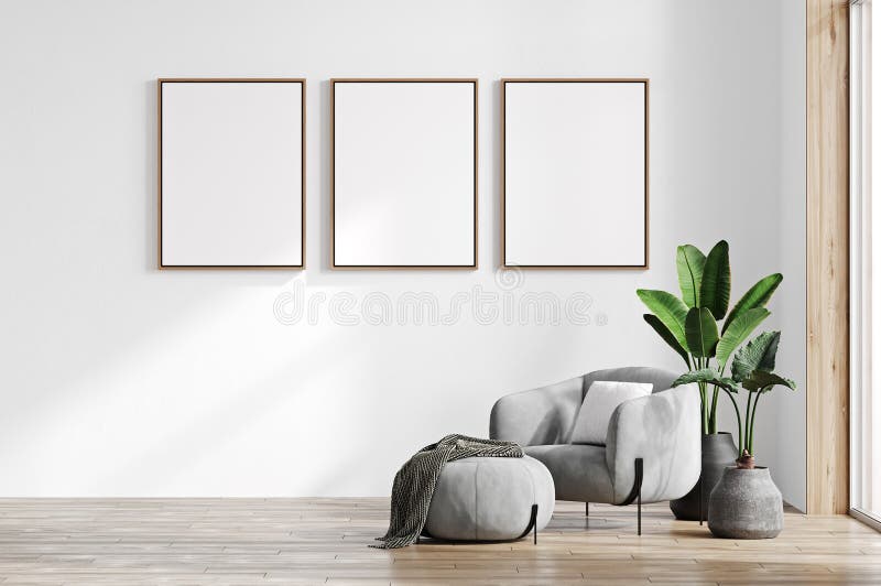Mock-up Frame in Cozy Light Home Interior Background with Gray Armchair ...