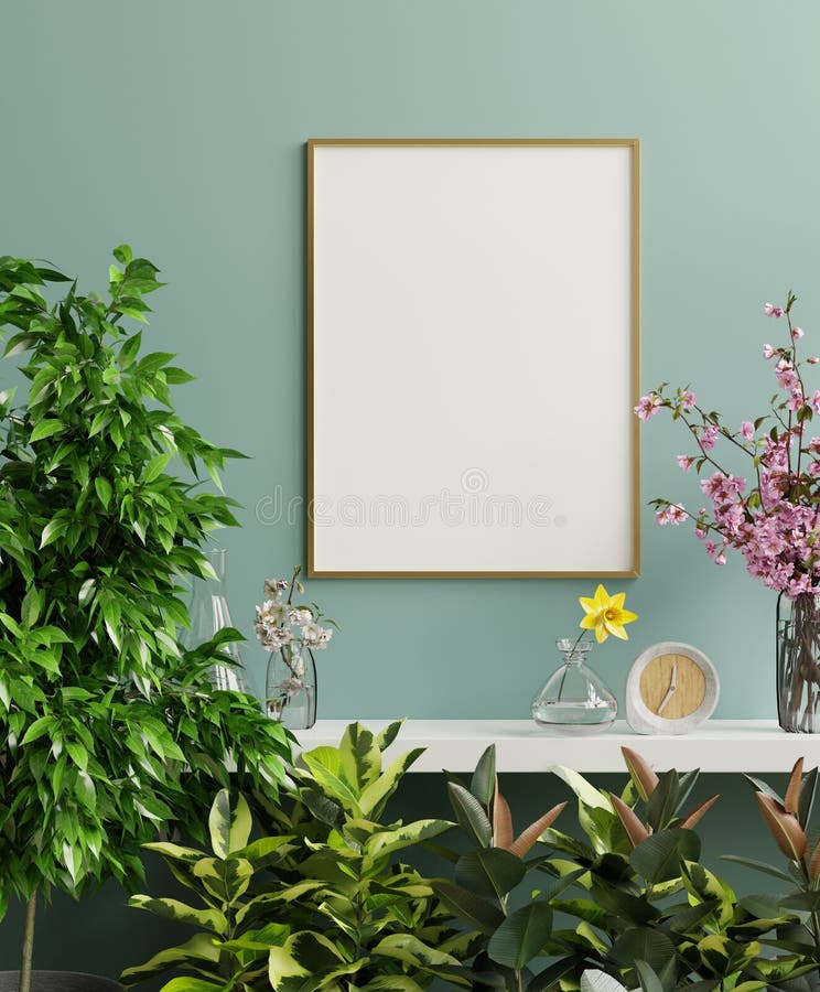 Mock Up Gold Photo Frame on the White Shelf with Beautiful Plants Stock ...
