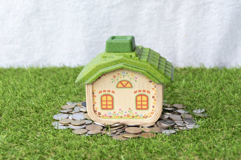 Mock Up House with Coins on Grass Floor Stock Image - Image of house ...