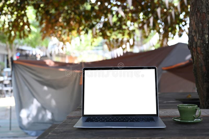 Laptop Computer with Blank Screen on Folding Picnic Table Near Camp ...