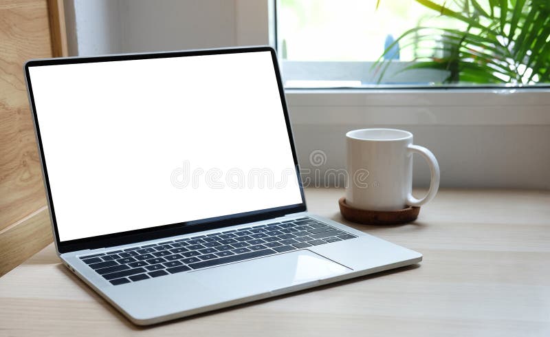 Mock Up Laptop Computer, Coffee Cup and Notebook on Wood Table Stock ...