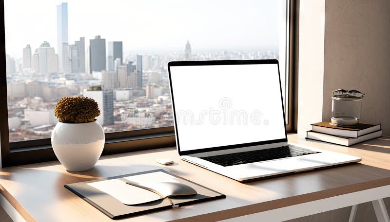 Mock Up Laptop Computer in Modern Apartment Room with City View in the ... Mock Up Laptop Computer in Modern Apartment Room with City View in the ...