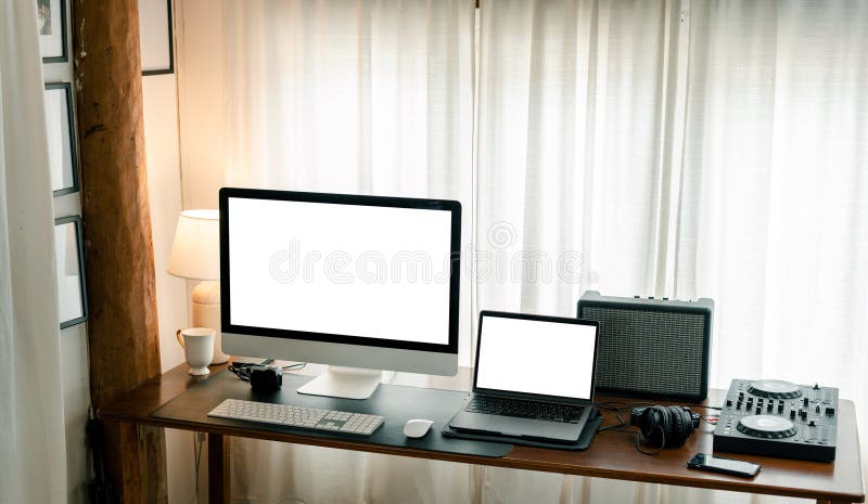 Mock Up. Laptop and Computer White Screen on the Table in the Home ... Mock Up. Laptop and Computer White Screen on the Table in the Home ...