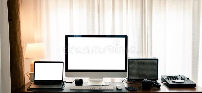 Mock Up. Laptop and Computer White Screen on the Table in the Home ...