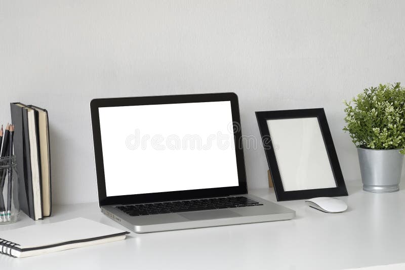 Mock Up Laptop Computer on Work Space. Stock Image - Image of digital ...