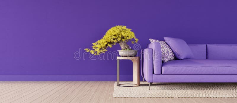 Mock Up Living Room Interior Design with Purple Sofa, Empty Purple Wall ...