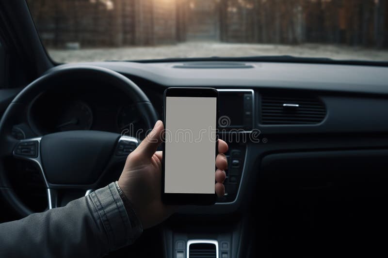 Mock Up of a Man Using Blank Screen Mobile Phone Inside a Car Stock ...