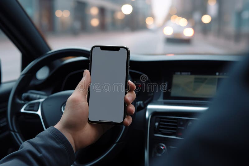 Mock Up of a Man Using Blank Screen Mobile Phone Inside a Car Stock ...