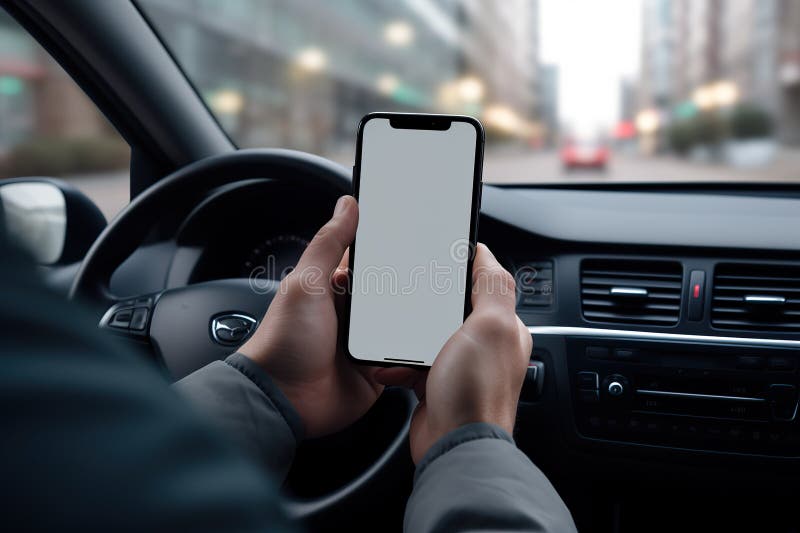 Mock Up of a Man Using Blank Screen Mobile Phone Inside a Car Stock ...