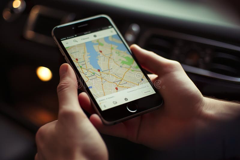 Mock-up of a Man Using Google Map Inside a Car Stock Illustration ...