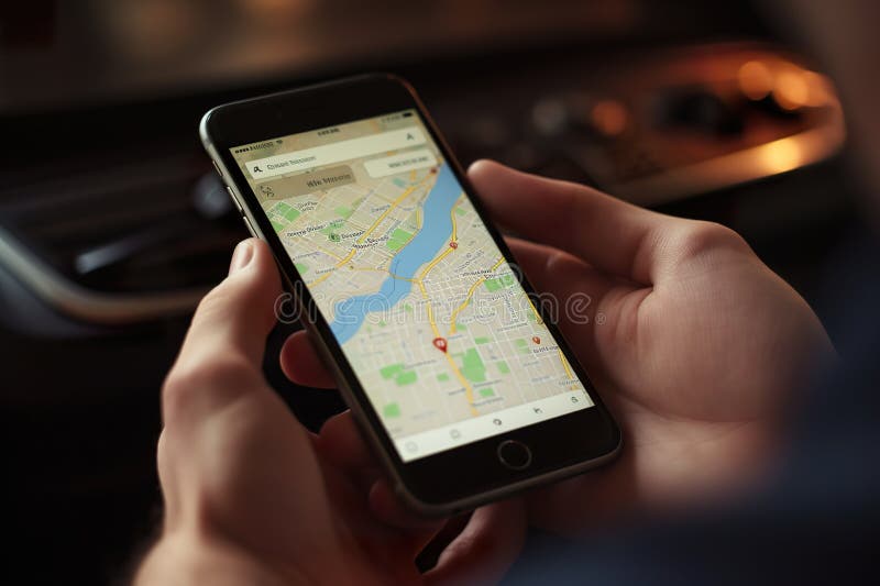 Mock-up of a Man Using Google Map Inside a Car Stock Illustration ...
