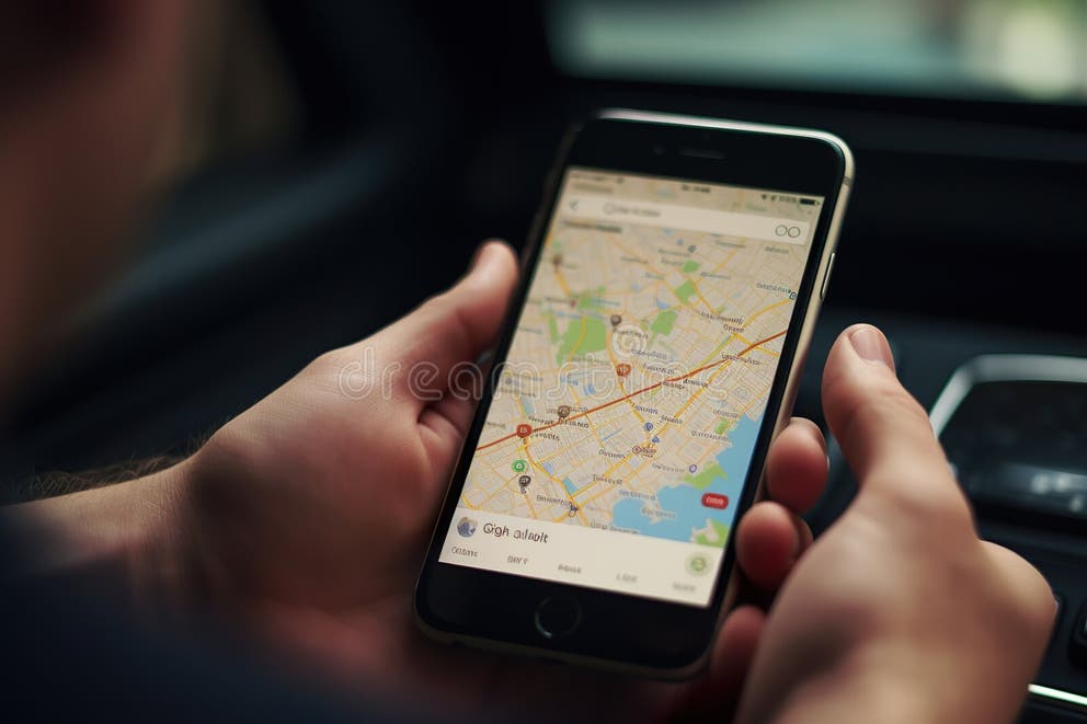 Mock-up of a Man Using Google Map Inside a Car Stock Illustration ...