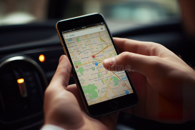 Mock-up of a Man Using Google Map Inside a Car Stock Illustration ...