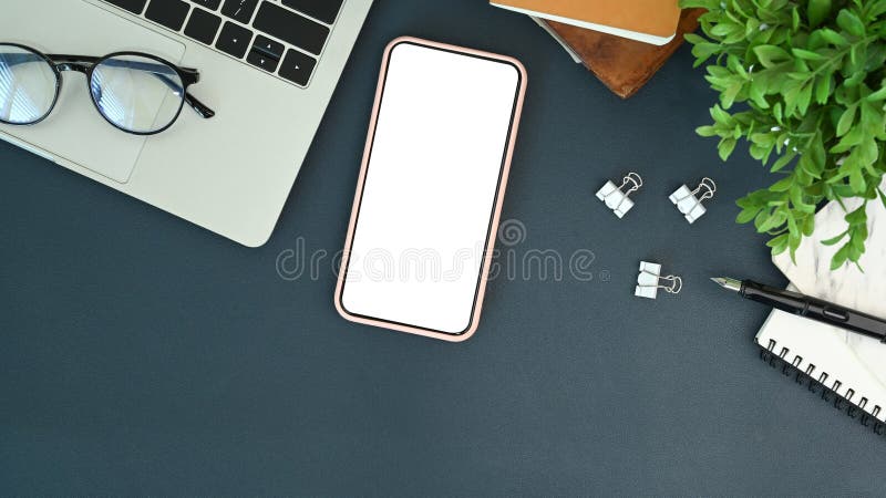 Mobile Phone with Empty Screen and Laptop on Office Desk. Stock Image ...