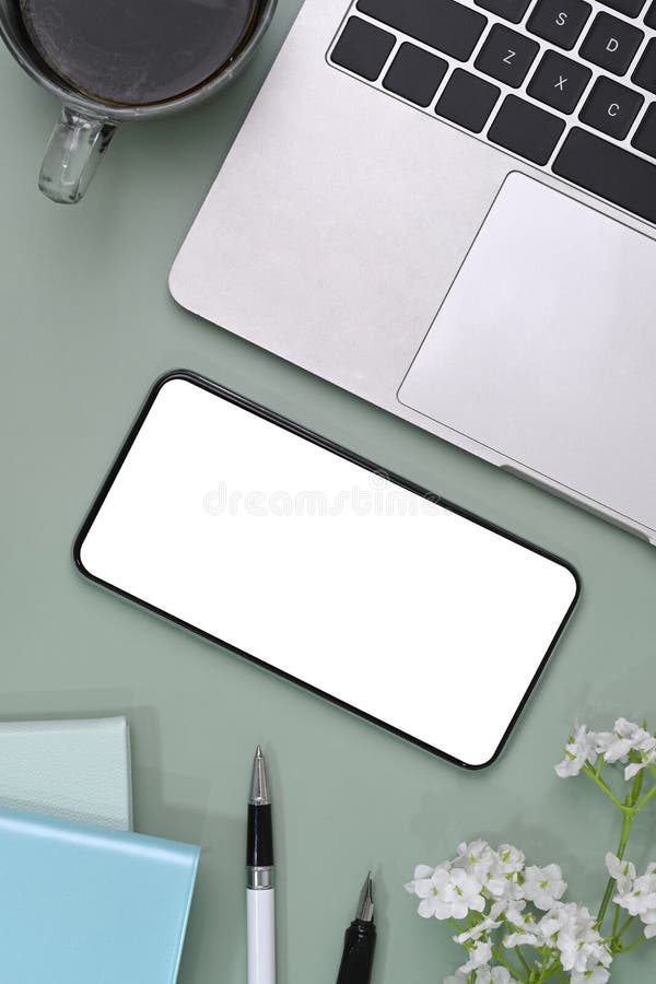 Mobile Phone, Laptop Computer, Notebook, Coffee Cup and Pens on ...