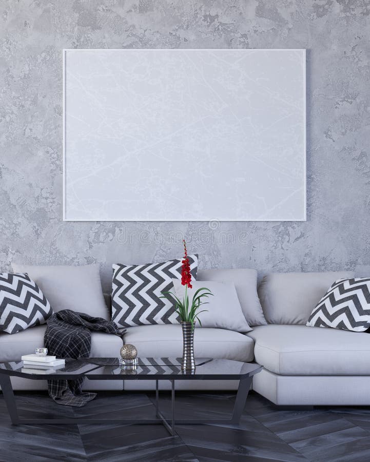 Mock Up, Modern Living Room, Interior Design 3D Render Stock ...