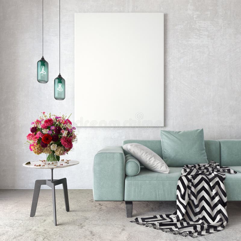 Mock Up, Modern Living Room, Interior Design 3D Render Stock ...