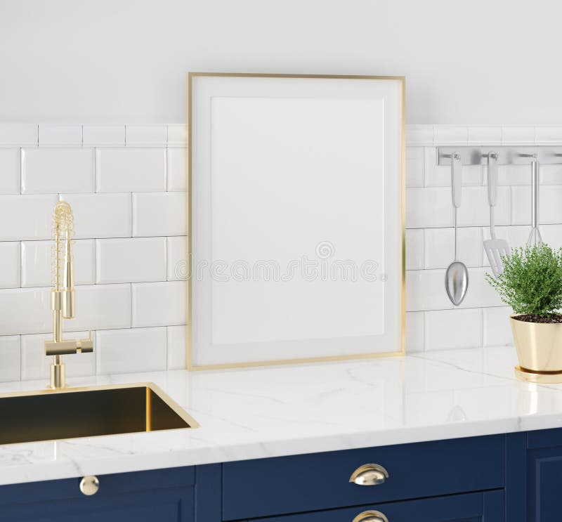 Mock Up Poster Frame Close-up in Kitchen Interior, American Style Stock ...