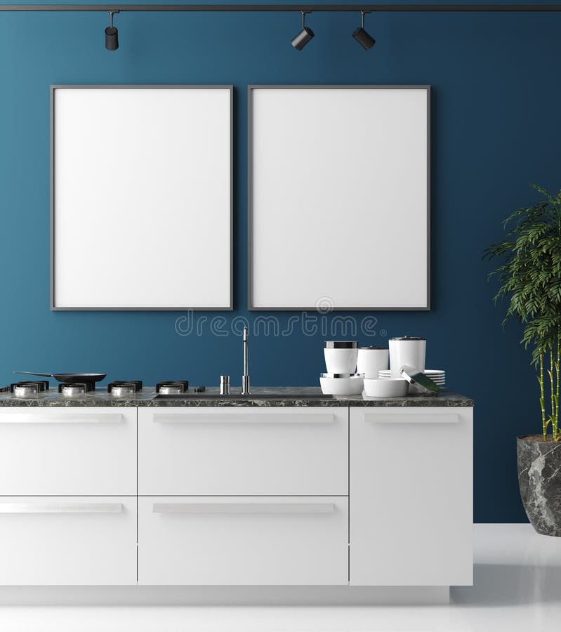 Mock Up Poster Frame in Contemporary Kitchen Interior, Modern Style ...