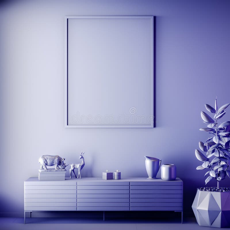 Mock Up Poster Frame in Interior, Blue Color, Clay Render, 3D ...